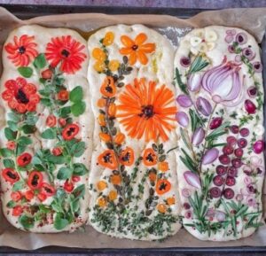 80 Focaccia Bread Art with herbs and vegetables (edible art) - Craftionary